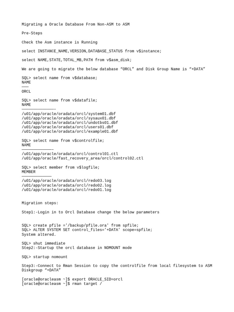 Migrating a Oracle Database From Non-ASM to ASM | PDF