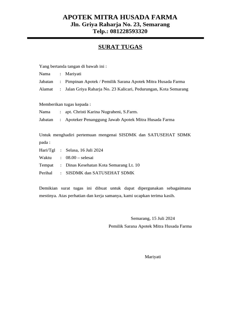 Surat Tugas Apotek MHF - SISDMK | PDF