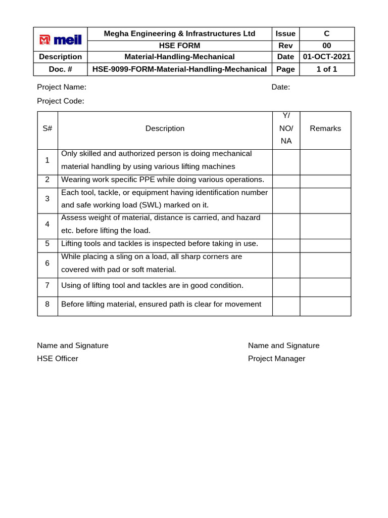 HSE 9099 FORM Material Handling Mechanical 00 | PDF