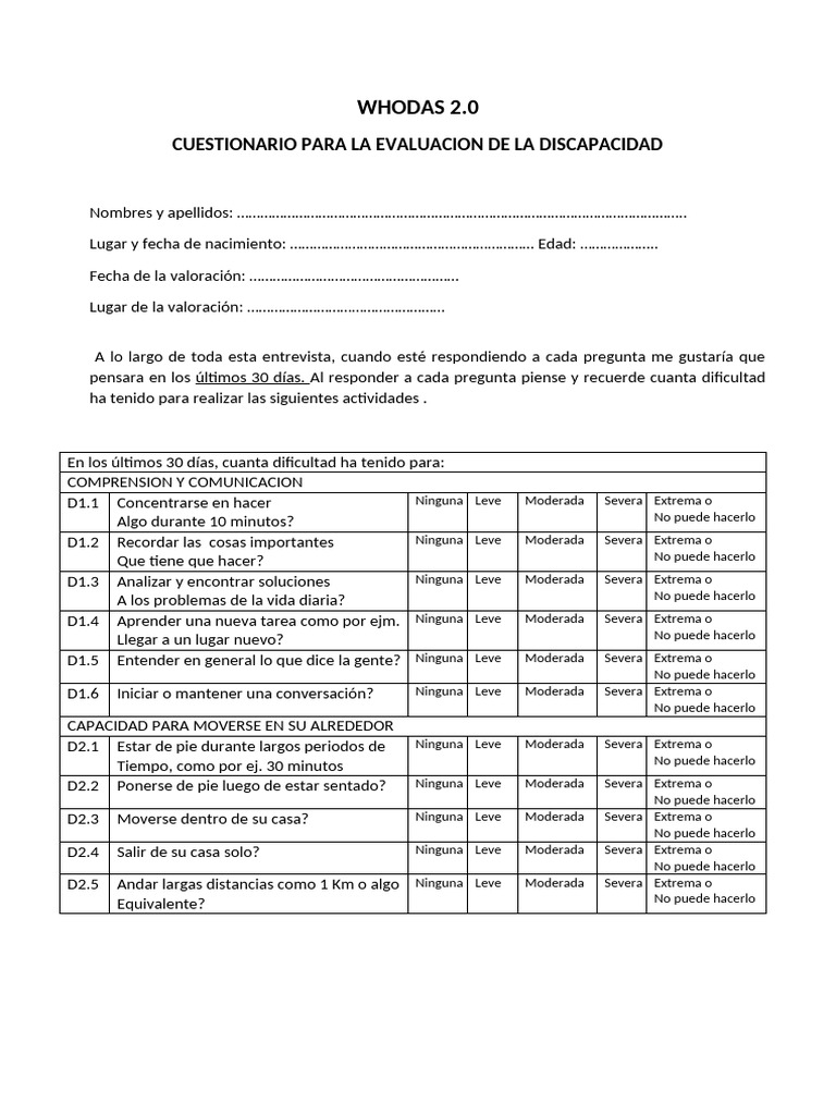 Whodas 2 | PDF | Cognición