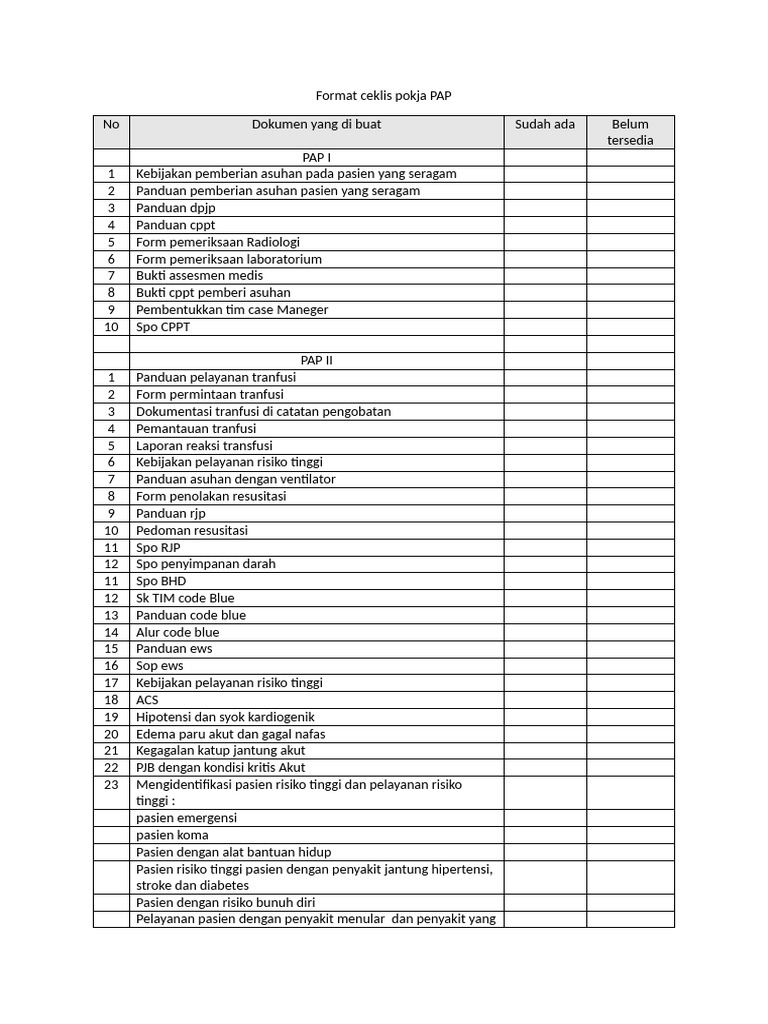 Format Ceklis Pokja PAP | PDF