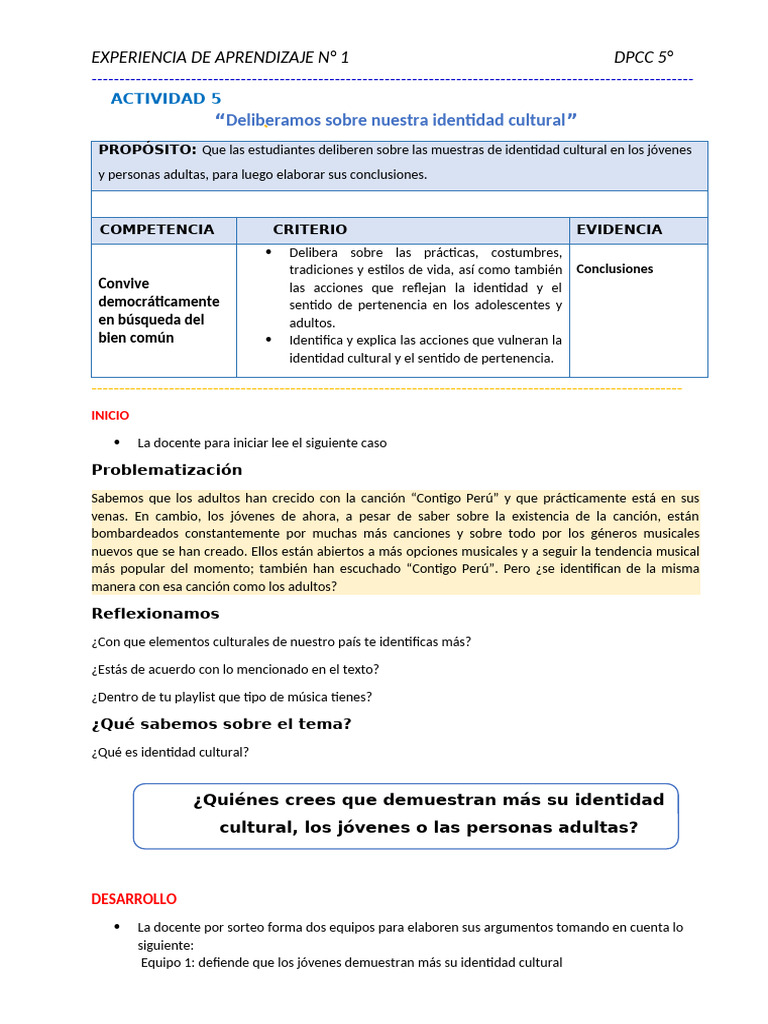 ACT. 5 EXPERIENCIA 1 DPCC 5° | PDF | Experiencia | Canciones