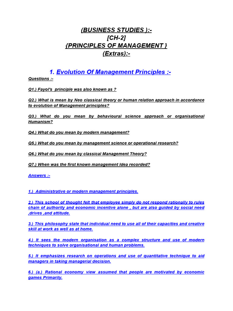 Chapter 2 - Principles of Management Ncert Base Complete Important Questions | PDF | Business ...