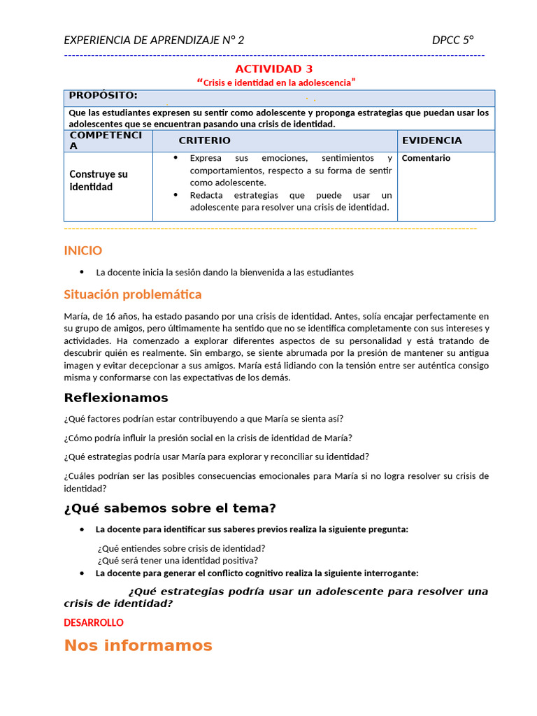 Act. 3 Experiencia 2 DPCC 5° | PDF | Adultos | Experiencia