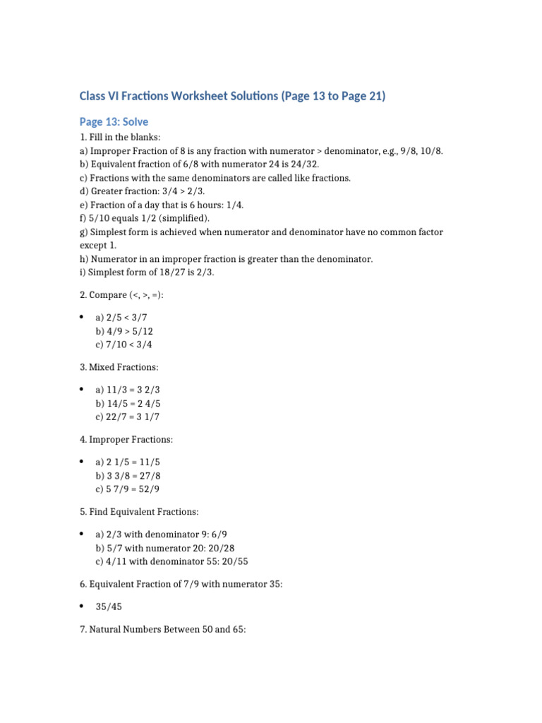Fractions Worksheet Solutions Summary | PDF