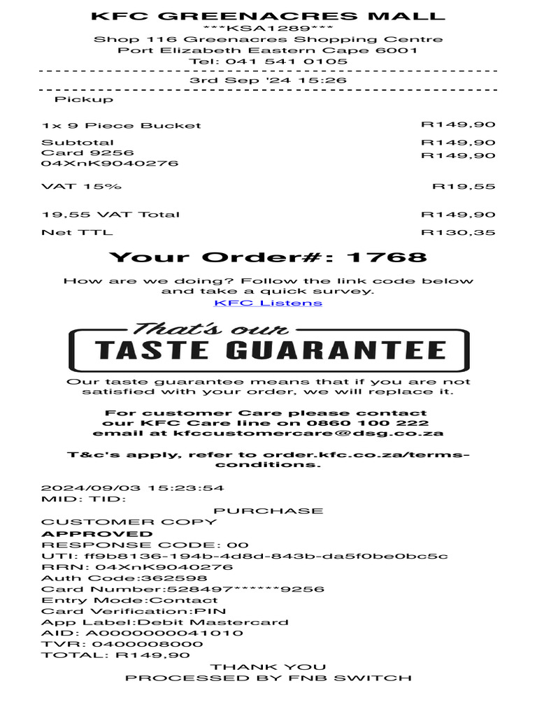 KFC South Africa - Kiosk Digital Receipt | PDF