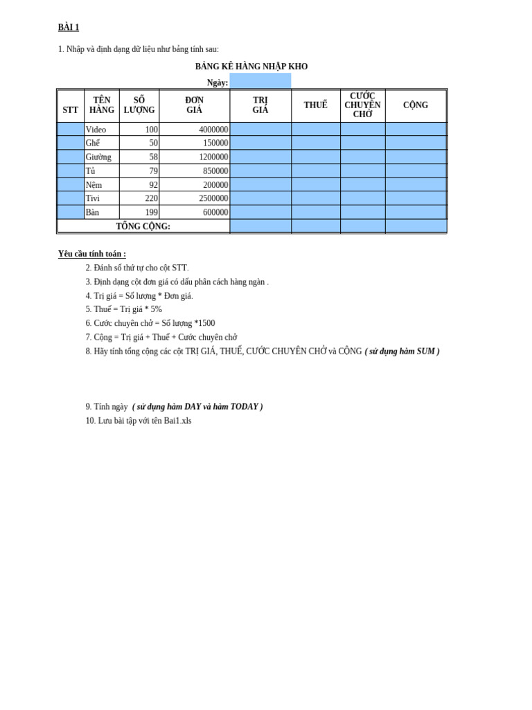 BT Excel Co Ban (Ko Đáp Án) | PDF