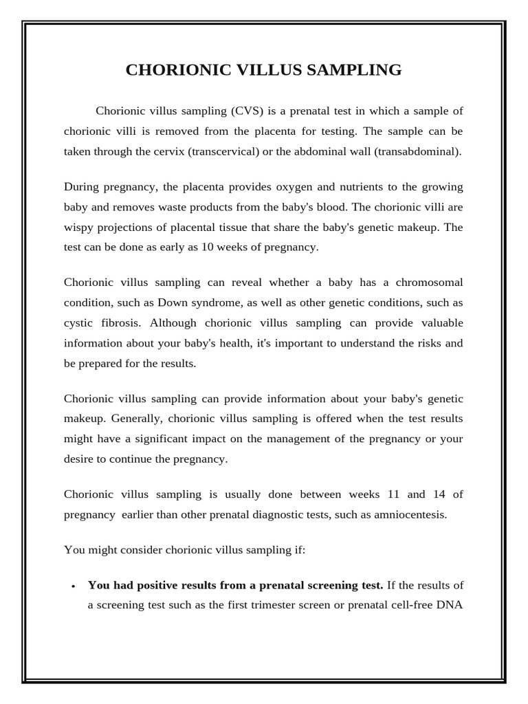 CHORIONIC VILLUS SAMPLING | PDF | Human Reproduction | Obstetrics