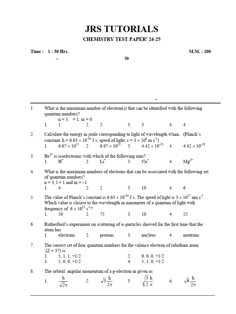 Chemistry Test Paper on Atomic Structure | PDF | Atomic Orbital | Electron