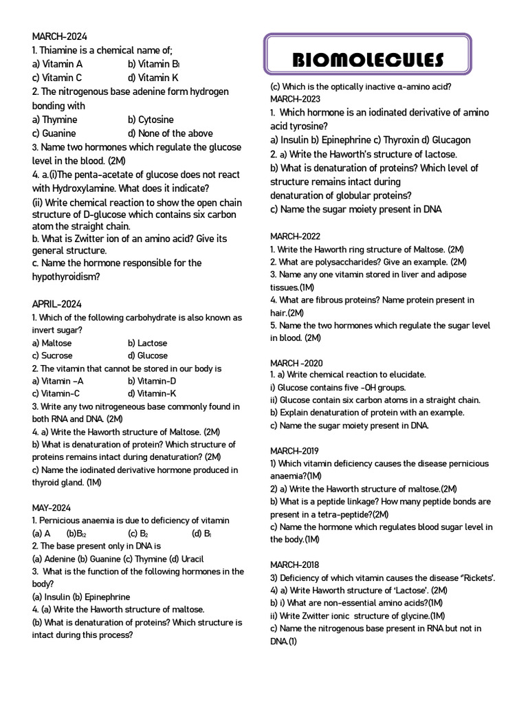 Biomolecules Questions | PDF | Glucose | Proteins