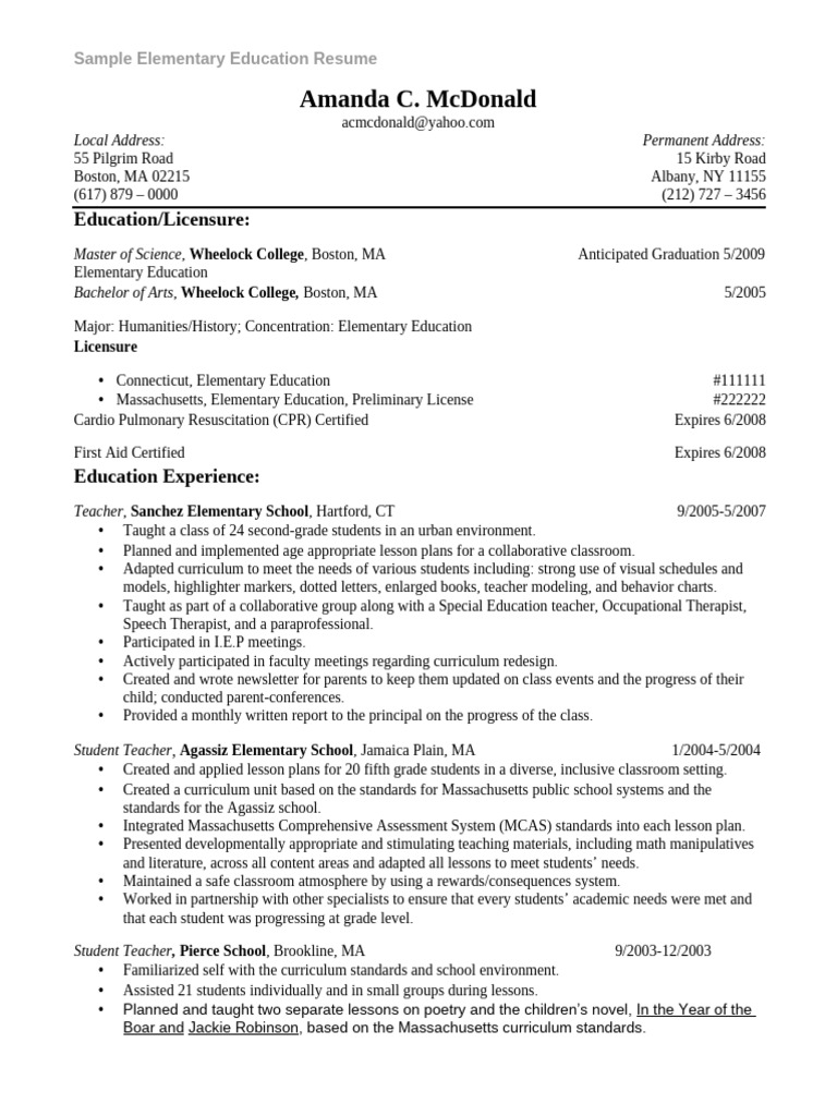 Elementary Education Resume Sample | PDF | Teachers | Preschool