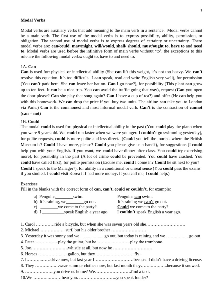 Course Language - English - Modal Verbs With Exercises | PDF | Semantic Units | Linguistic ...