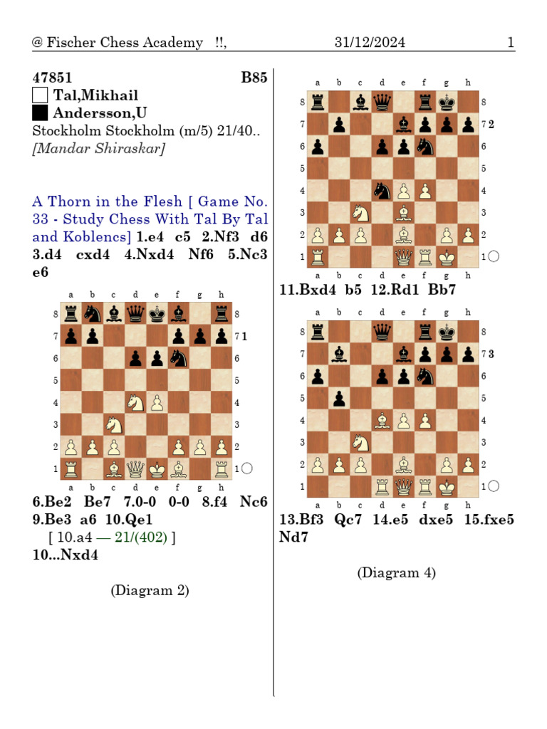 Tal Vs Andersson 1976 B85 Game 33 A Thorn in The Flesh | PDF | Chess ...