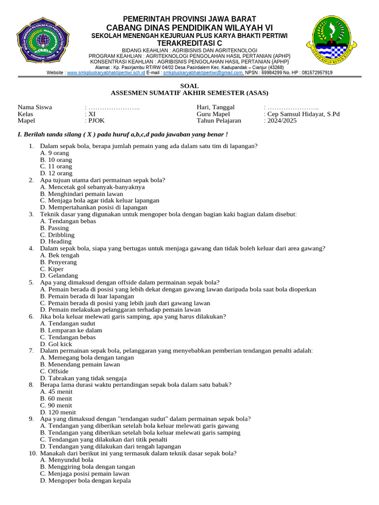 Soal Asas Pjok Kelas Xi | PDF