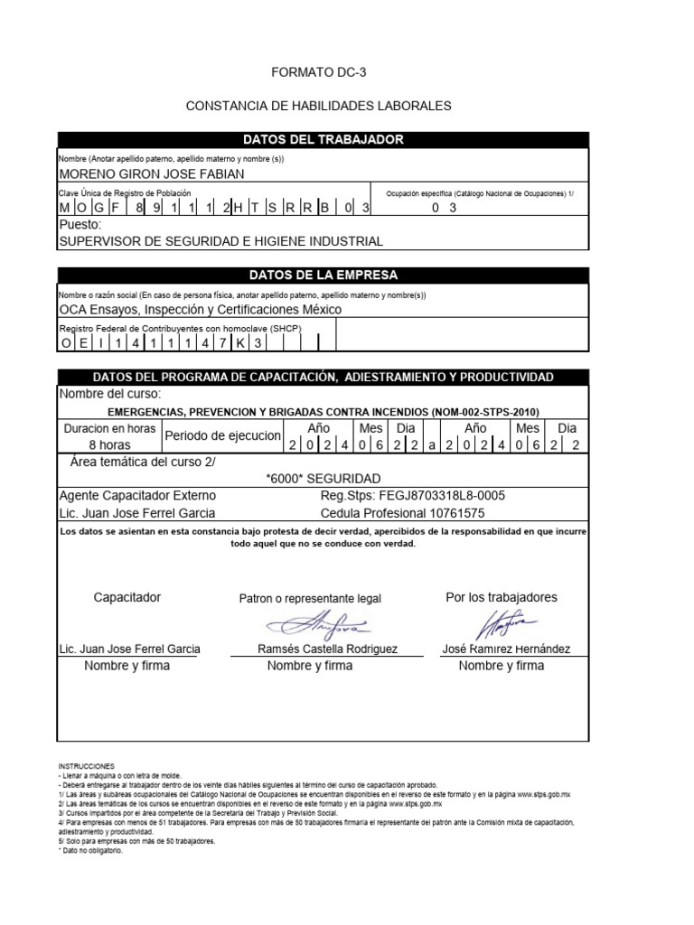 dc3 Jesus Contrain Incendios | PDF | Higiene Ocupacional