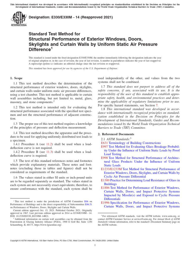 E330 - Structural Performance of Exterior Windows, Doors, Skylights and ...
