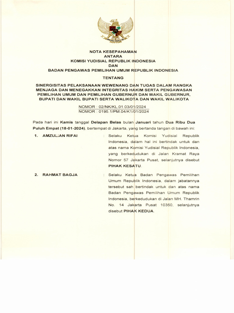 MOU BAWASLU-KOMISI YUDISIAL 2024 (Sinergitas Integritas Hakim) | PDF