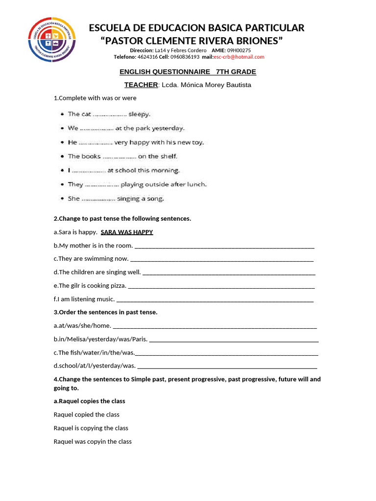 English Questionnaire 7th Grade | PDF | Linguistic Morphology | Grammar