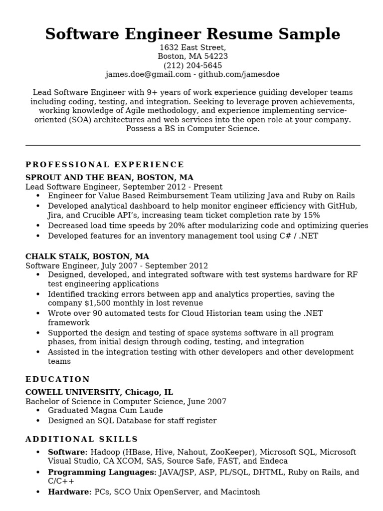 Software Engineer Resume Sample MSWord Download | PDF | Software ...