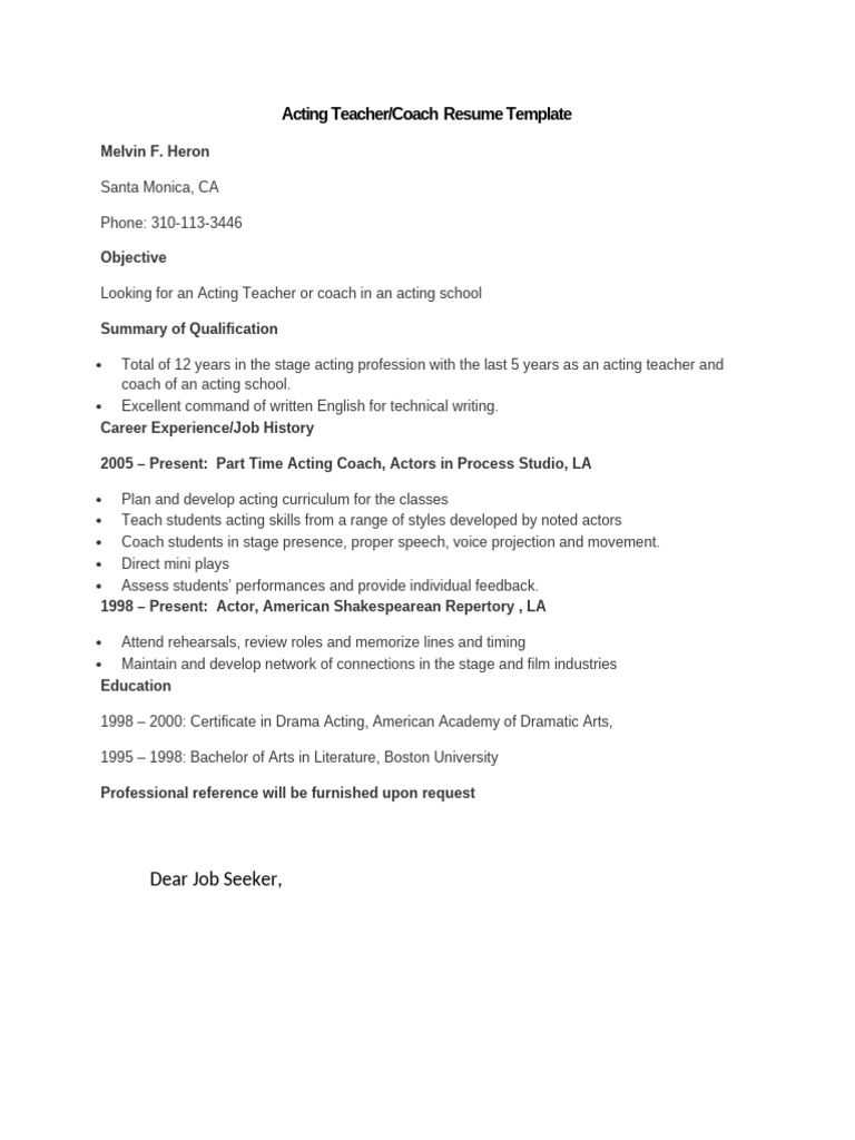 Acting Coach Resume Template | PDF