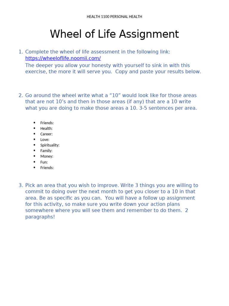HLTH 1100 Wheel of Life Assignment | PDF