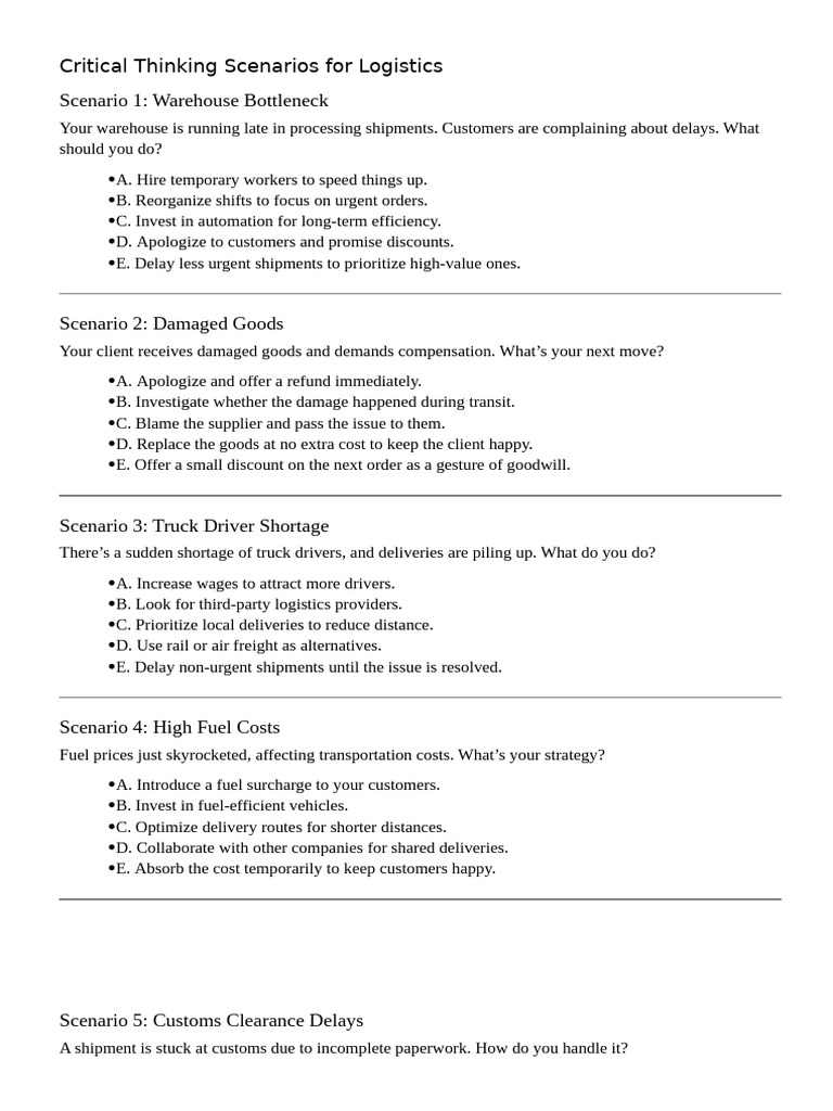 Logistics Critical Thinking Scenarios | PDF | Logistics | Inventory