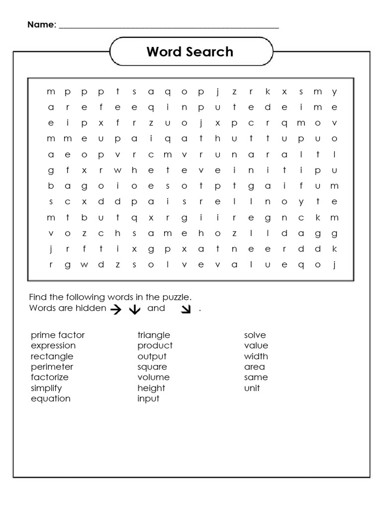 Math Vocabulary Word Search Puzzle | PDF | Word Search | Area