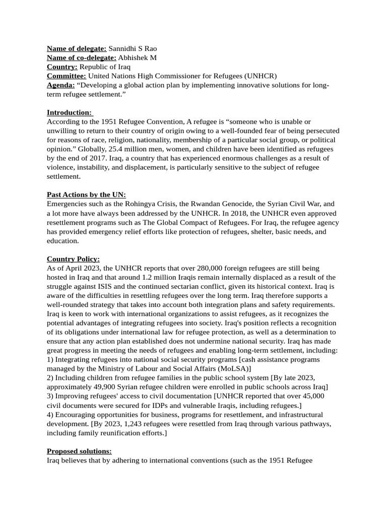 Position Paper Iraq | PDF | Refugee | United Nations High Commissioner ...