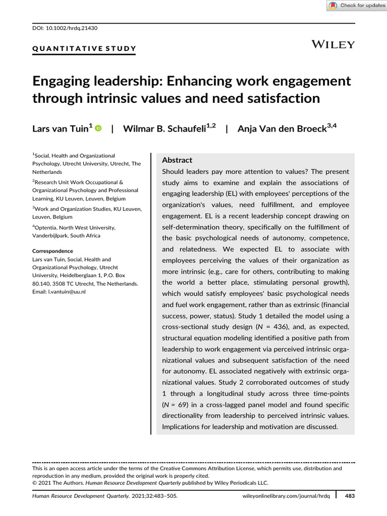 Engaging leadership Enhancing work engagement through intrinsic values ...