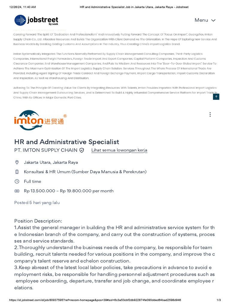 HR and Administrative Specialist Job in Jakarta Utara, Jakarta Raya ...