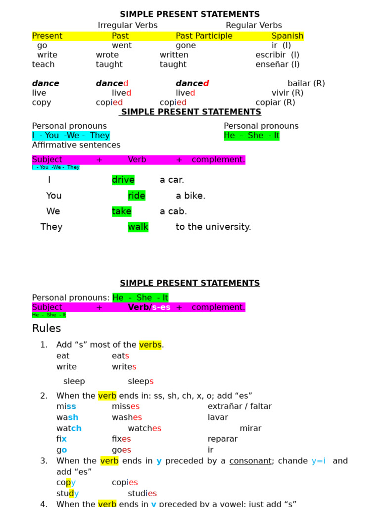 Simple Present Statements Guide | PDF | Verb | Subject (Grammar)