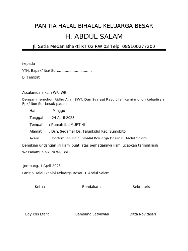 Undangan Halal Bihalal Bani Abd SALAM | PDF