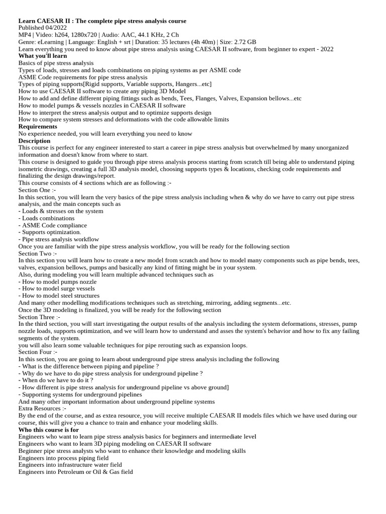 Learn CAESAR II The Complete Pipe Stress Analysis Course | PDF | Pipe (Fluid Conveyance ...