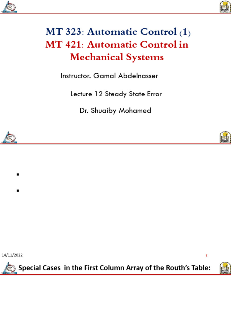 Lec 12 Steady State Error | PDF | Steady State | Control Theory
