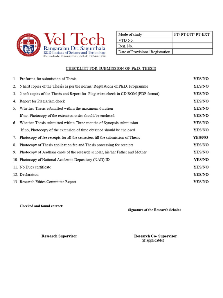 Checklist with Proforma for Submission of Ph.D. Thesis | PDF | Thesis | Doctor Of Philosophy