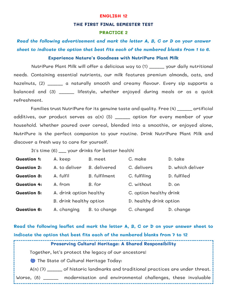 Global success 12 - Practice for The first semester test 2 | PDF