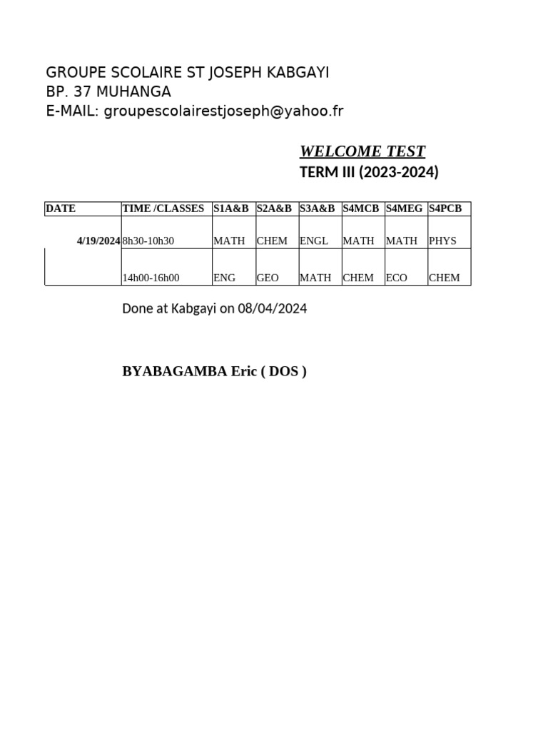 Time Table of Welcome Test-1 | PDF