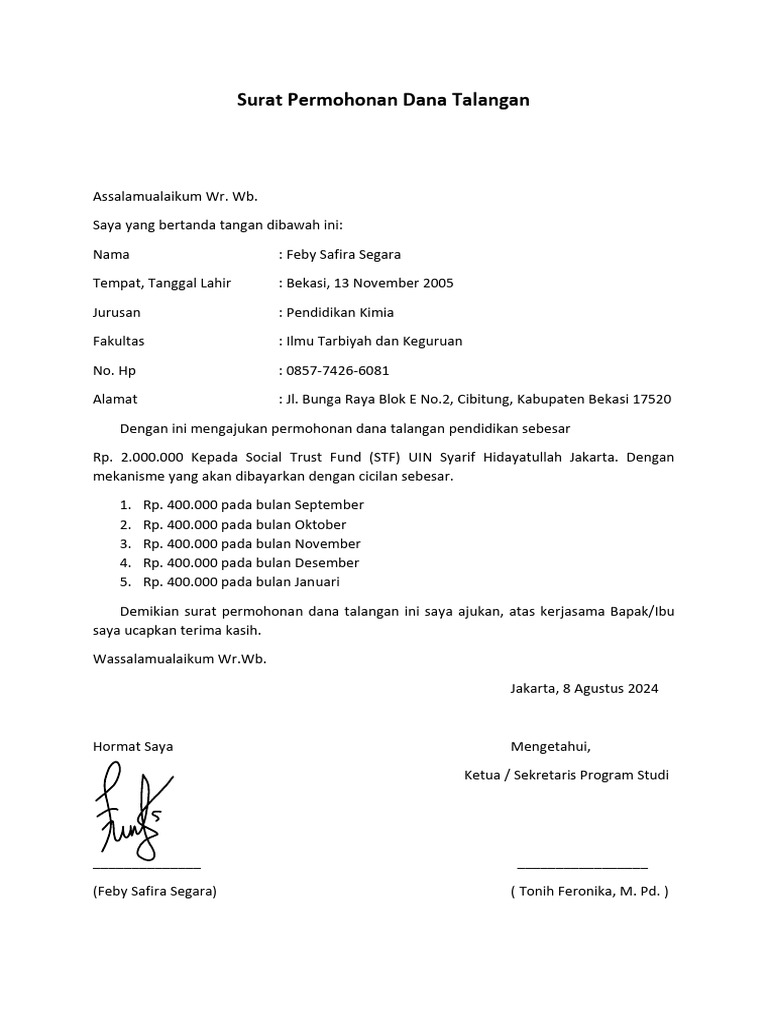 Surat Permohonan Dana Talangan STF | PDF