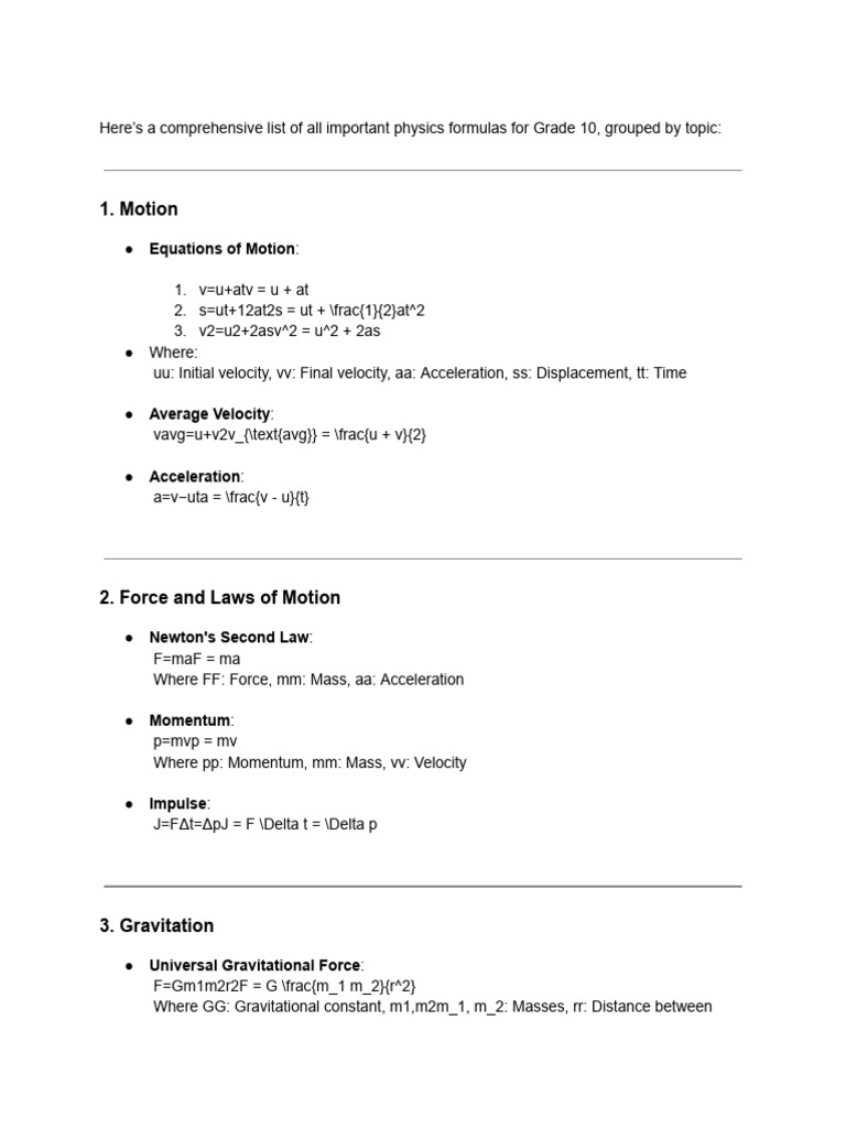 Grade 10 Physics Formulas Guide | PDF | Refraction | Force