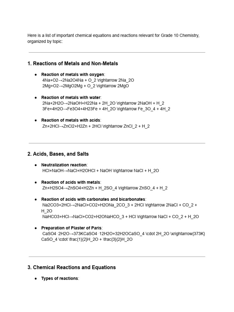 All Grade 10 Chem Formulas | PDF | Chemical Reactions | Acid