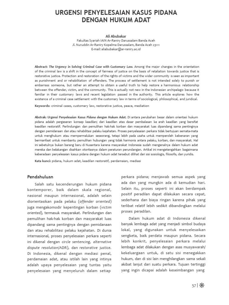 Urgensi Penyelesaian Kasus Pidana Dengan Hukum Adat | PDF