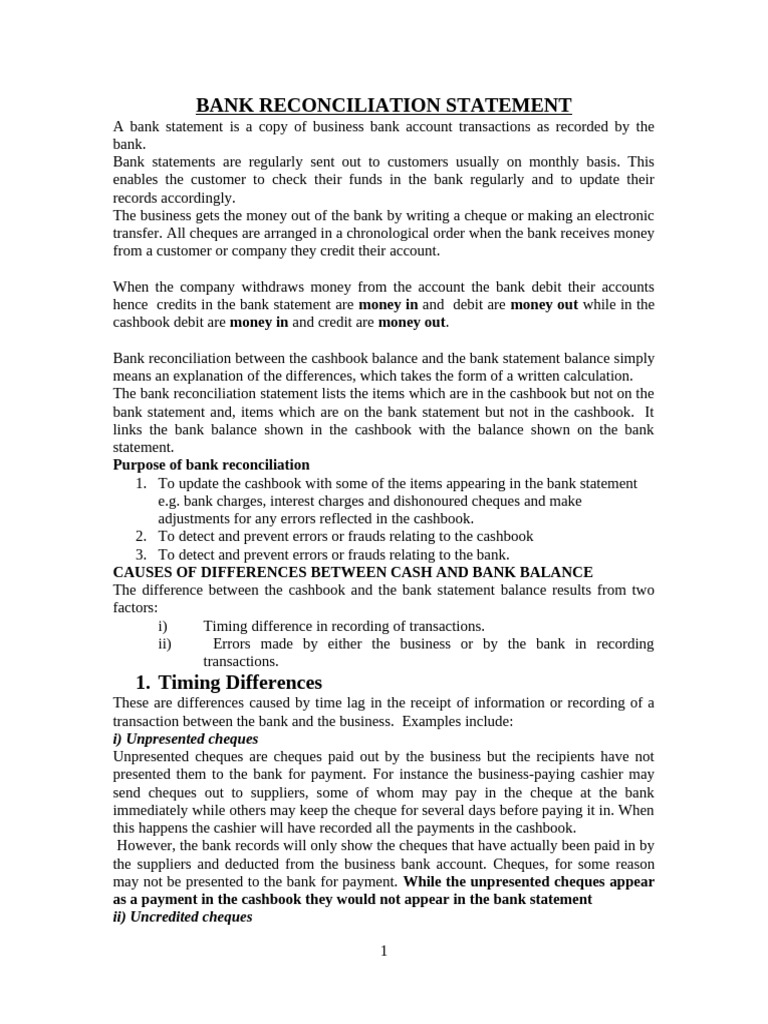 Bank Reconciliation Statement | PDF | Banks | Payments