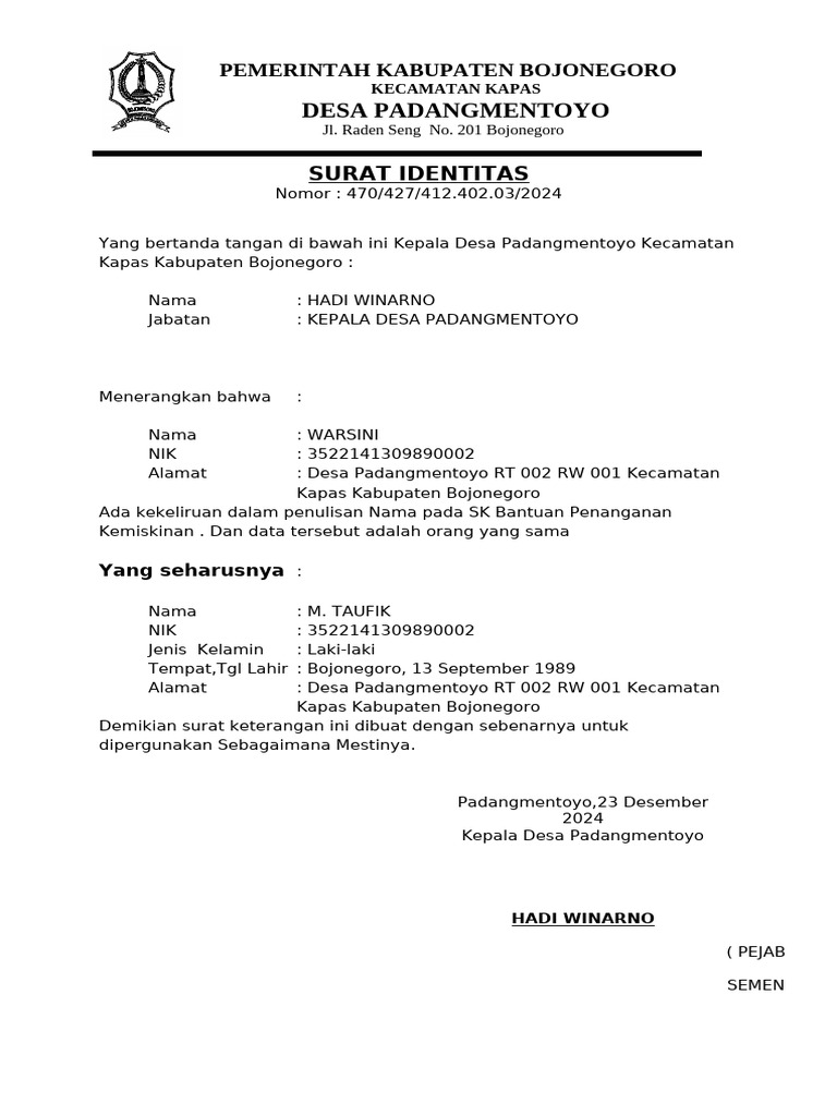 Surat Keterangan Beda Identitas | PDF