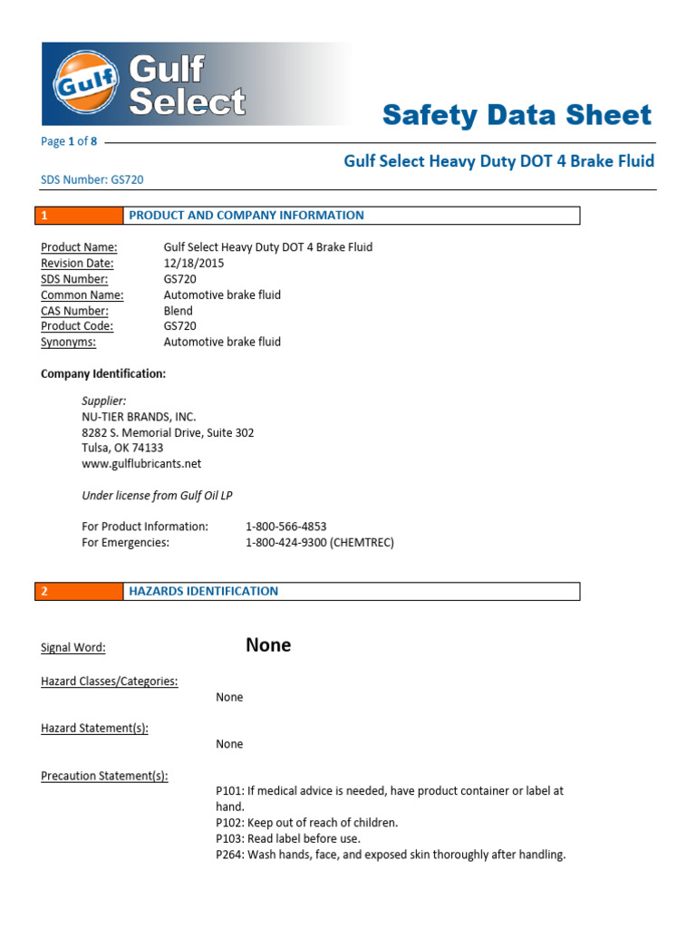 Gulf DOT 4 Brake Fluid Safety Data Sheet | PDF | Water | Personal ...