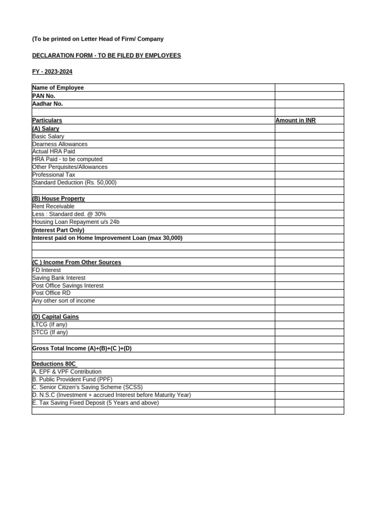 Employee Tax Declaration Form 2023-24 | PDF | Tax Deduction | Government Finances