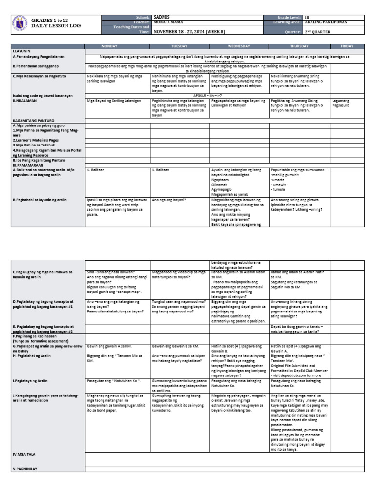 DLL_ARALING PANLIPUNAN 3_Q2_W8 | PDF