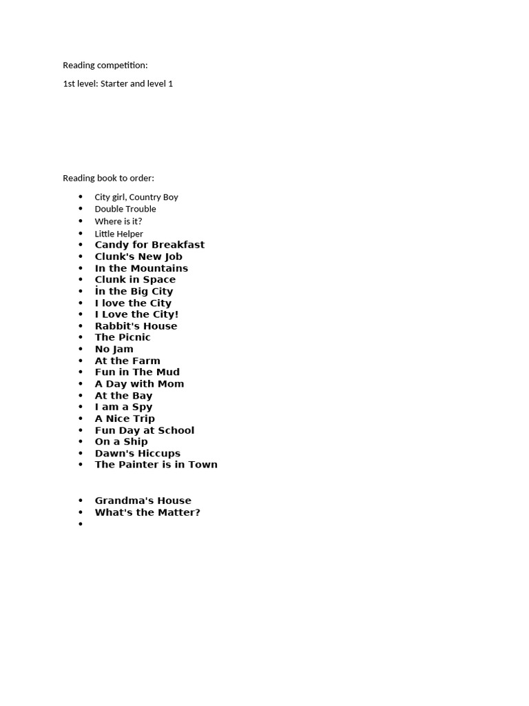 Level 1 Reading Competition Books List | PDF