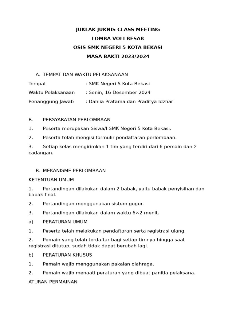 JUKLAK JUKNIS CLASS MEETING LOMBA VOLI BESAR Putra Putri | PDF