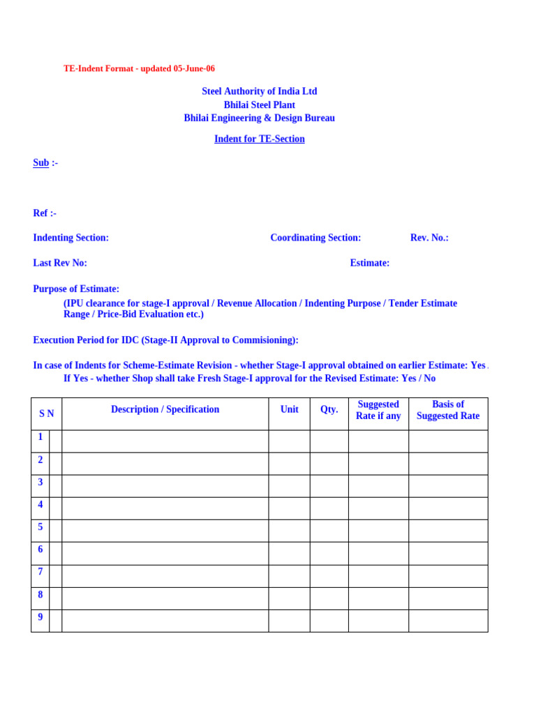 Format of Indent For Estimates-updated-5June06 | PDF