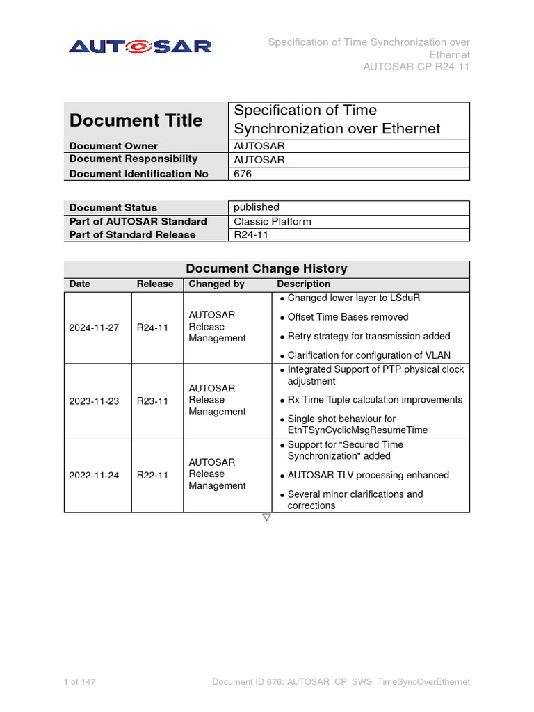 AUTOSAR CP SWS TimeSyncOverEthernet | PDF | Ethernet | Communications Protocols